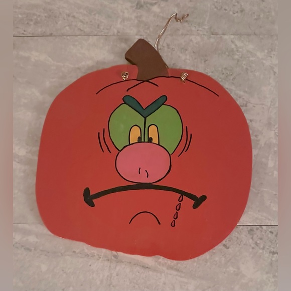 Art | Vintage Hard Wood Painted Sad Face Pumpkin Wall Decor | Poshmark